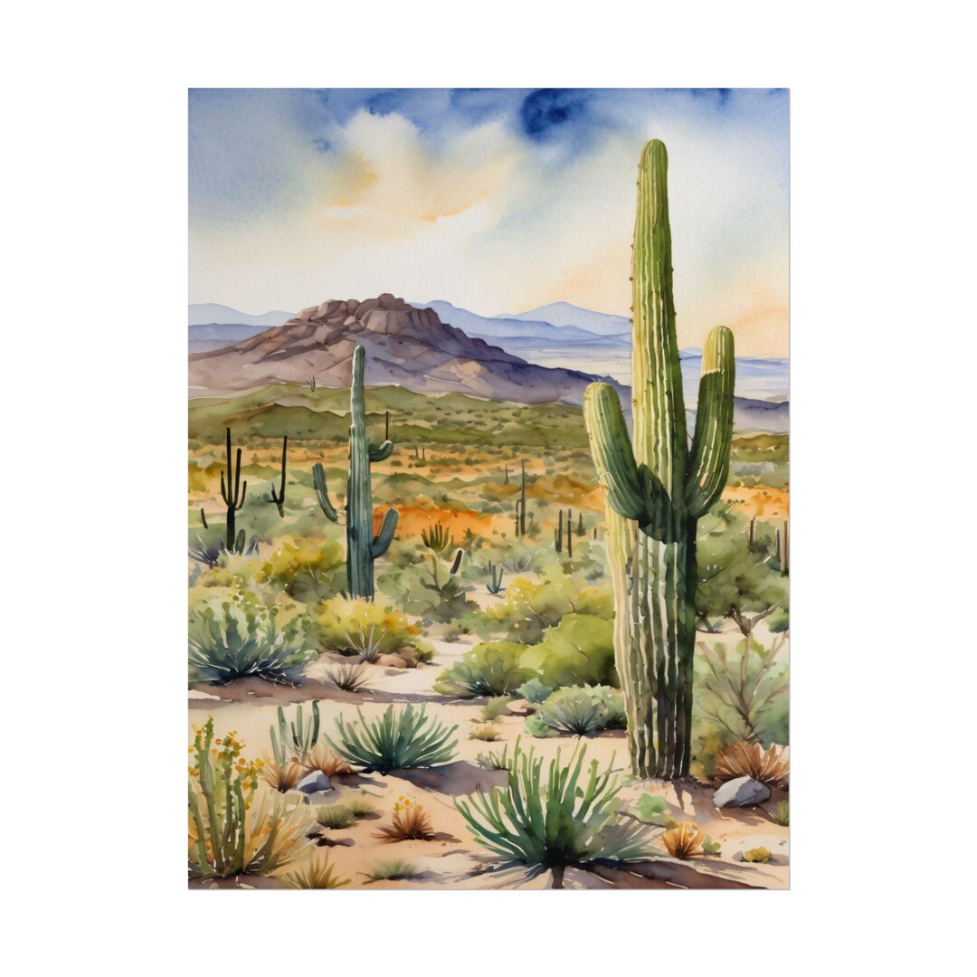 Saguaro National Park Watercolor Painting, Sunset Art Print, Desert ...