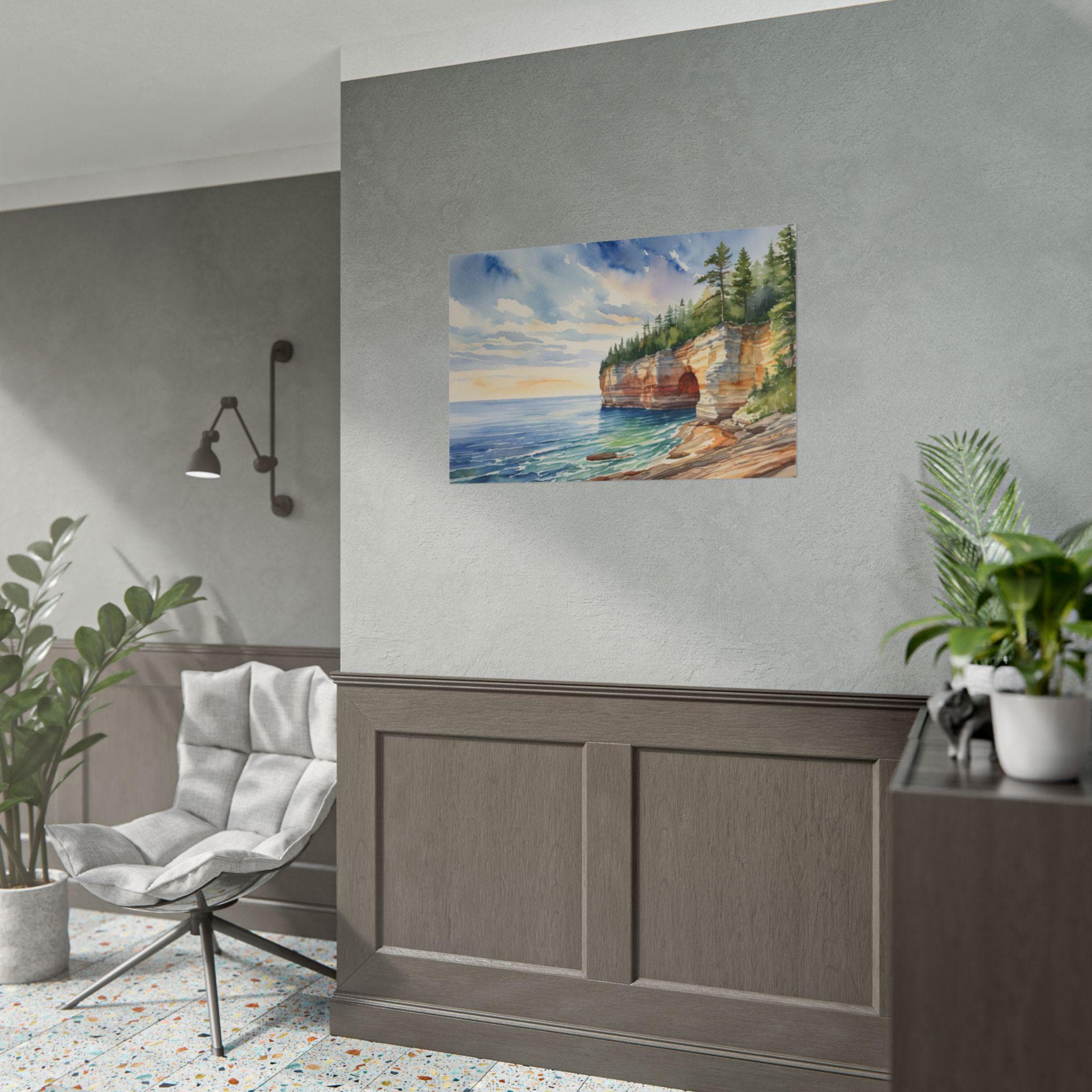 Pictured Rocks Watercolor Art Print, Michigan Lakeshore Cliffs Painting ...