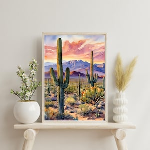 Saguaro National Park Watercolor Painting, Sunset Art Print, Desert ...
