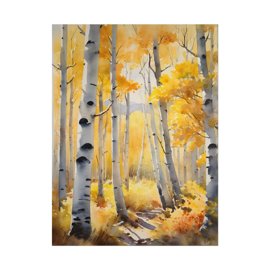 Golden Aspen Birch Tree Watercolor Art Print, Colorado Autumn Forest ...