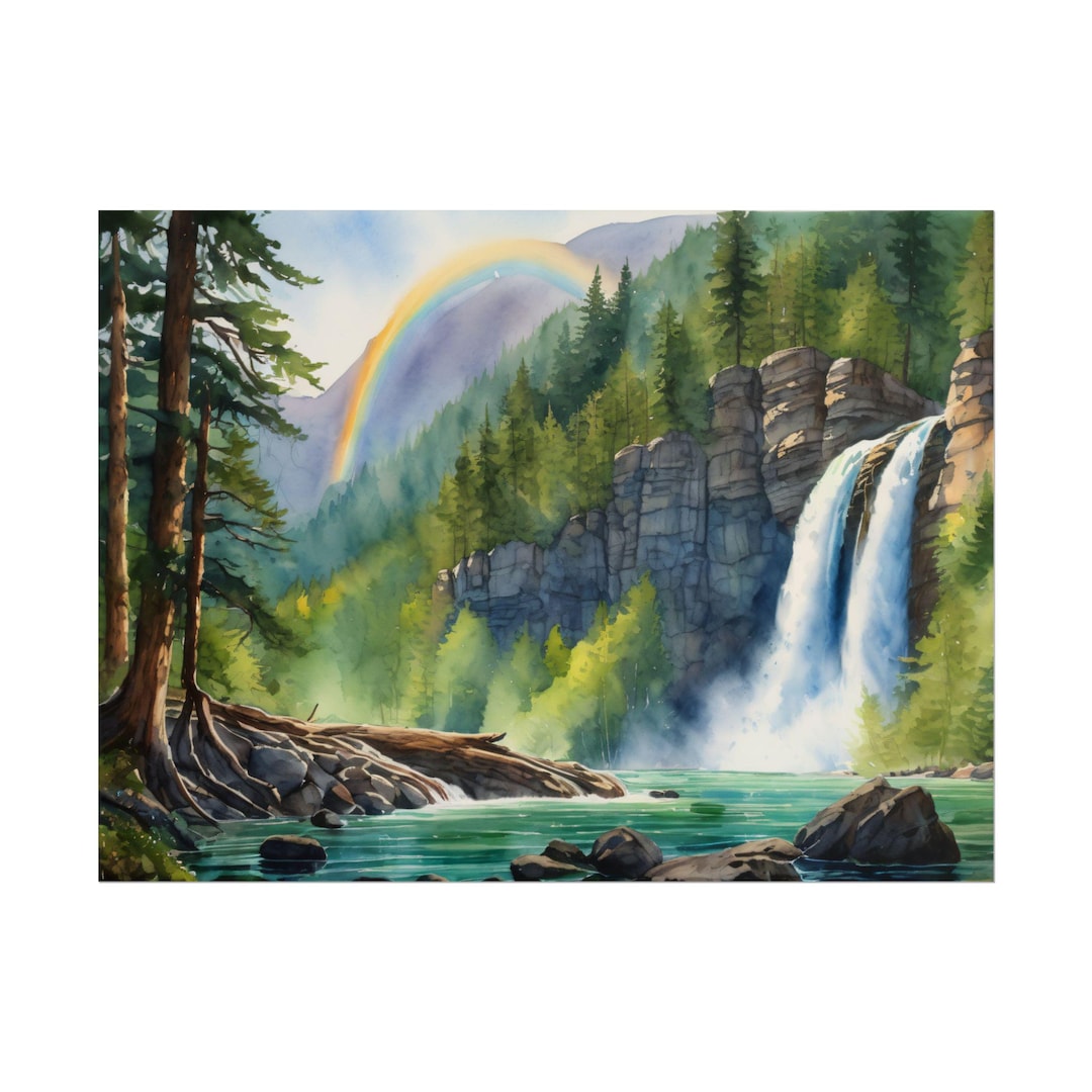 Forest Waterfall Watercolor Art Print – Pine Trees Landscape, Woodland ...
