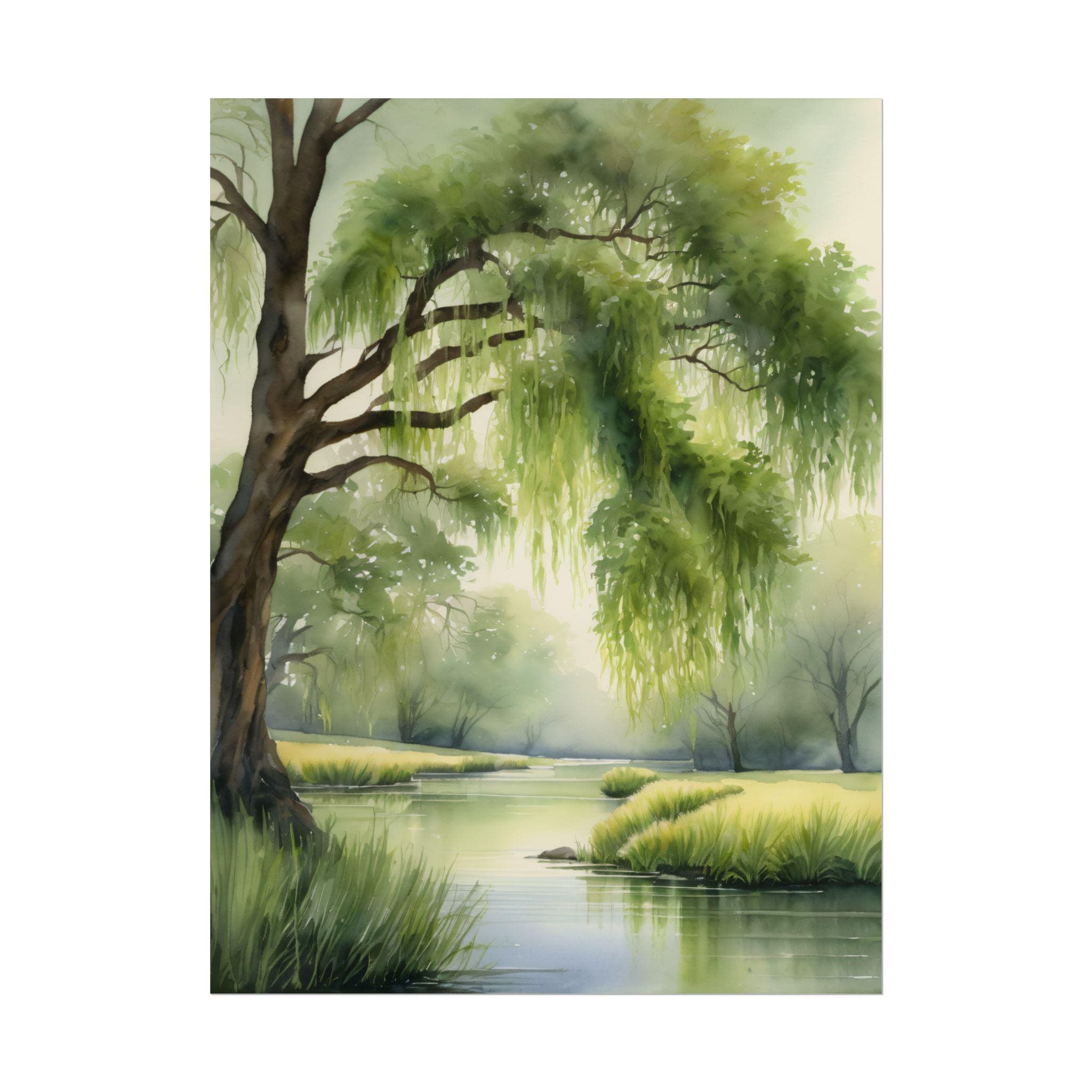 Willow Tree Watercolor Art Print, Lakeside Landscape Painting, Weeping ...
