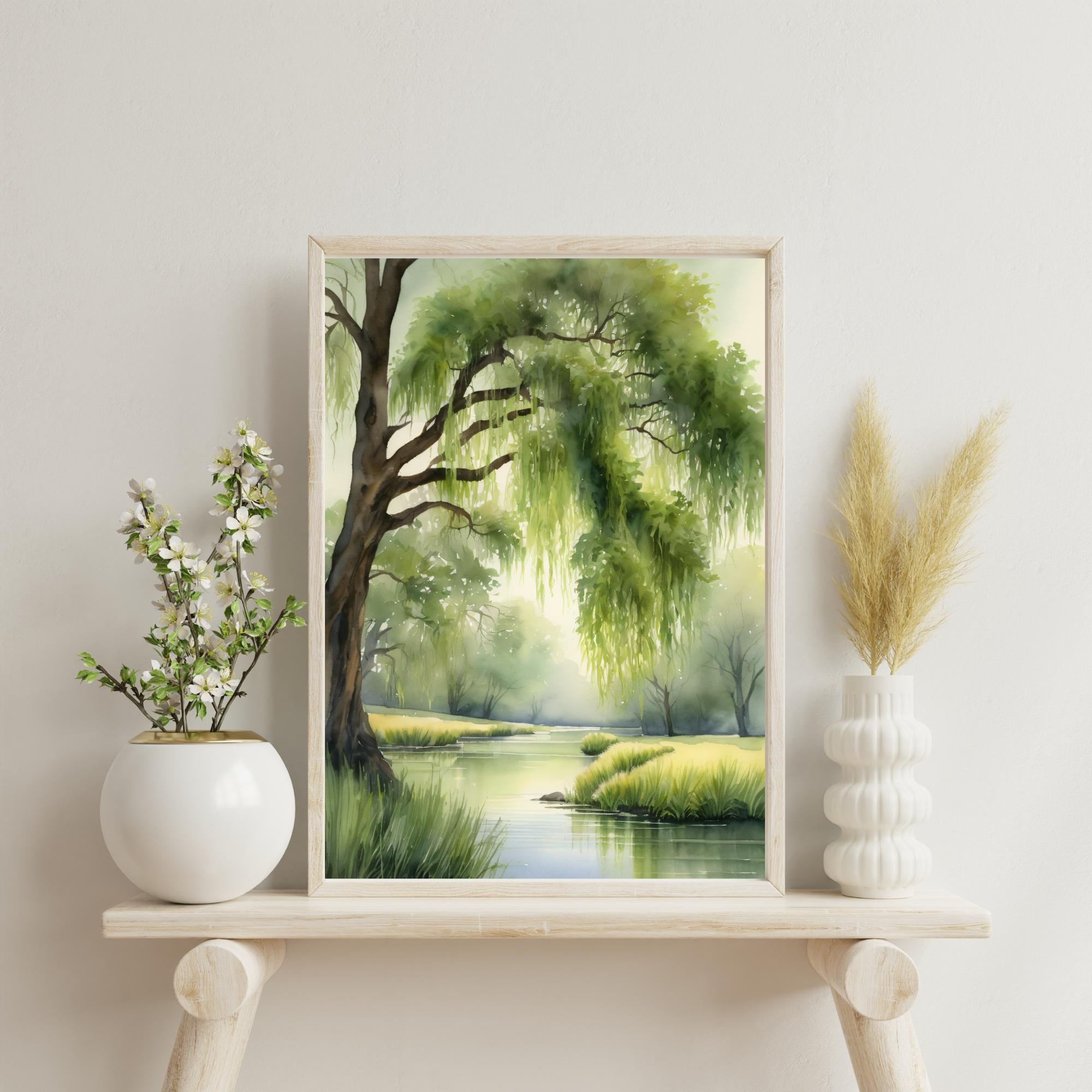 Willow Tree Watercolor Art Print, Lakeside Landscape Painting, Weeping ...