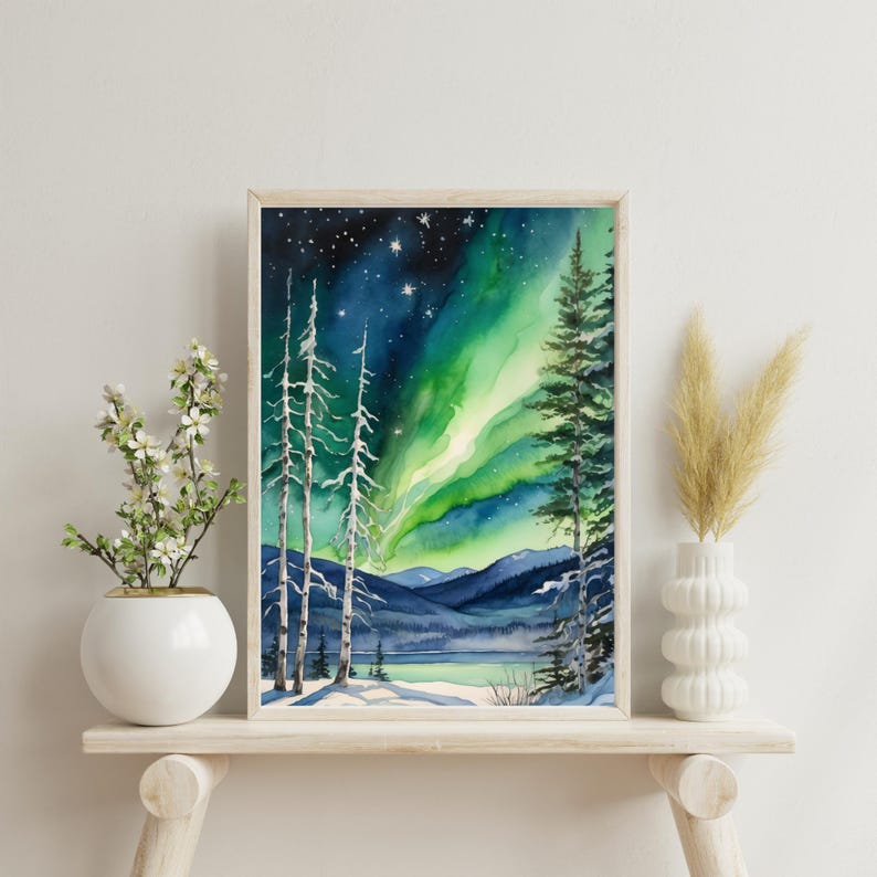 Northern Lights Watercolor Painting, Aurora Borealis Art Print, Snowy ...