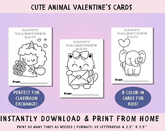 Cute Animal Coloring Cards – Printable Valentine’s Day Cards for Kids ...