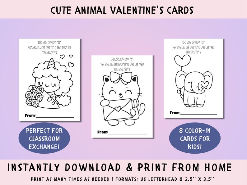 Cute Animal Coloring Cards – Printable Valentine’s Day Cards for Kids ...