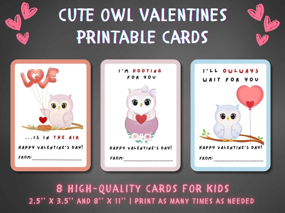 Owl Valentine Cards Printable Cute Classroom Tags for Kids DIY Gift ...