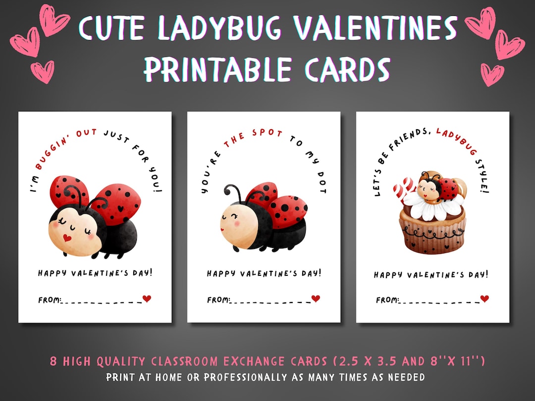 Cute Ladybug Valentines Day Cards for Kids Printable Bug-themed ...