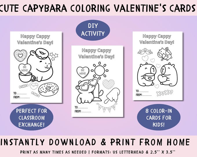 Cute Capybara Valentine’s Day Coloring Cards for Kids – Printable DIY ...