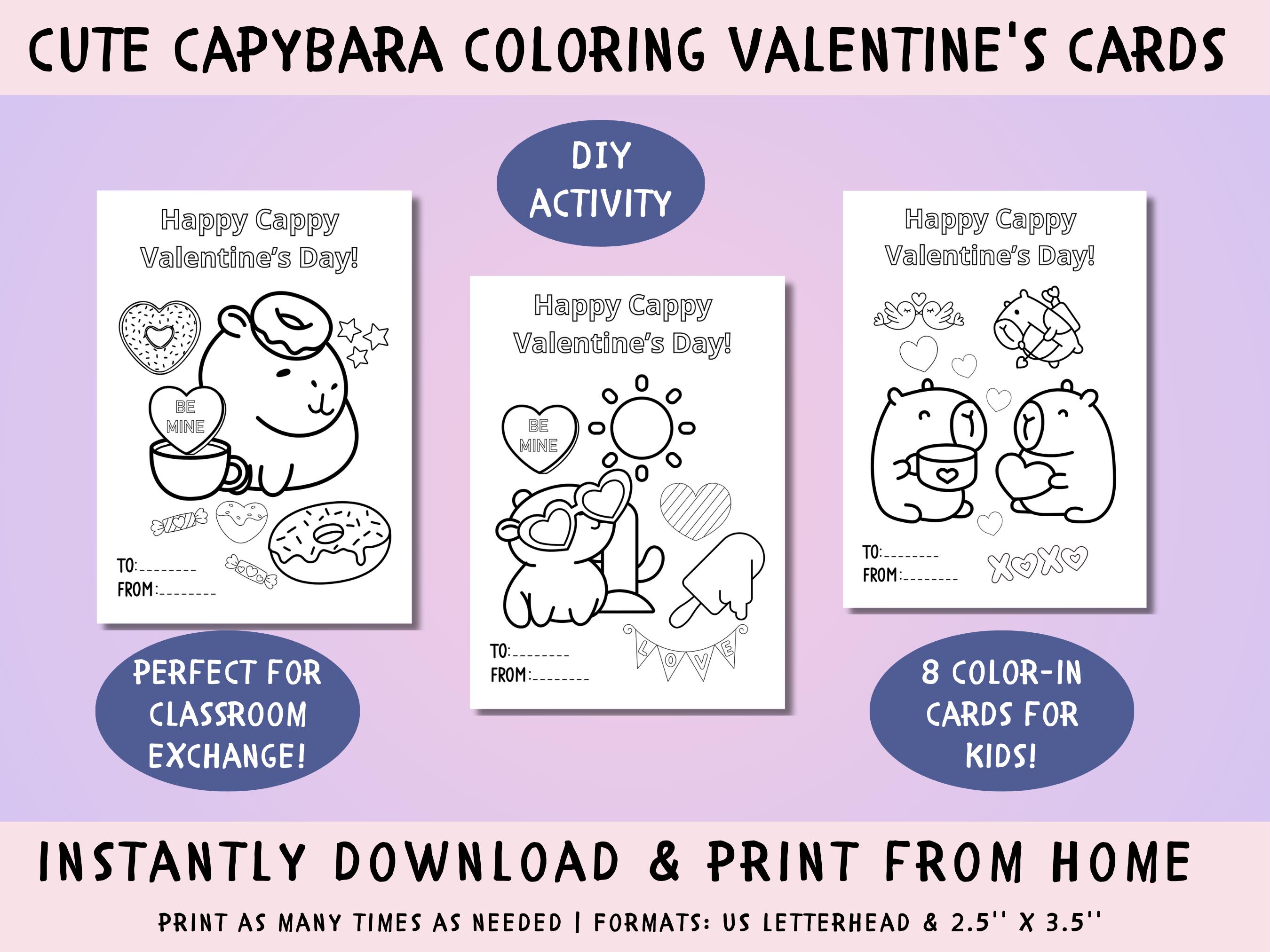 Cute Capybara Valentine’s Day Coloring Cards for Kids – Printable DIY ...