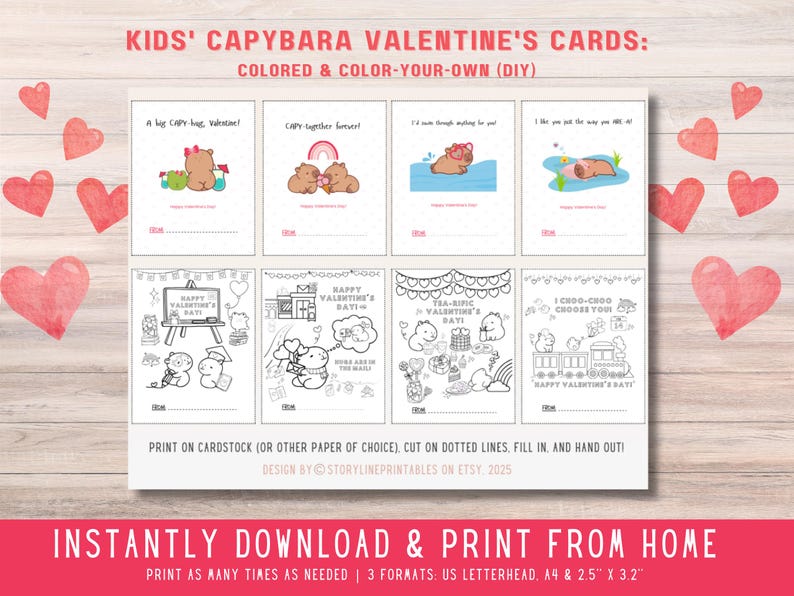 Printable Capybara Valentines Day Cards for Kids Full-color and Color ...