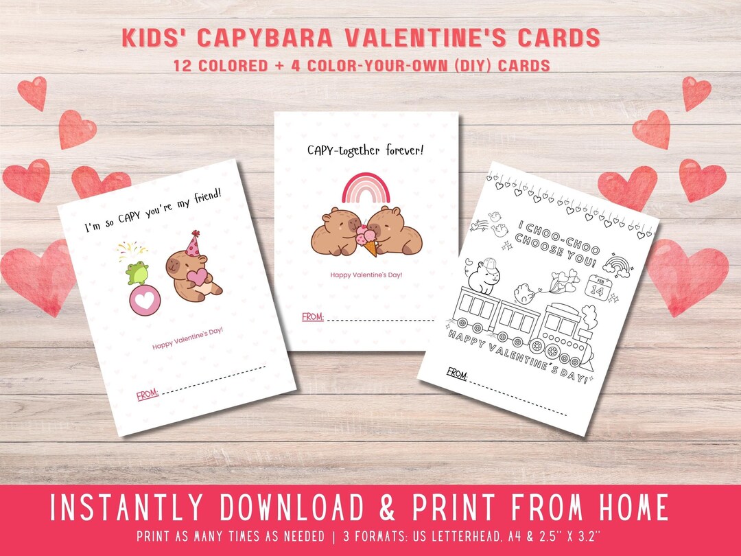 Printable Capybara Valentines Day Cards for Kids Full-color and Color ...