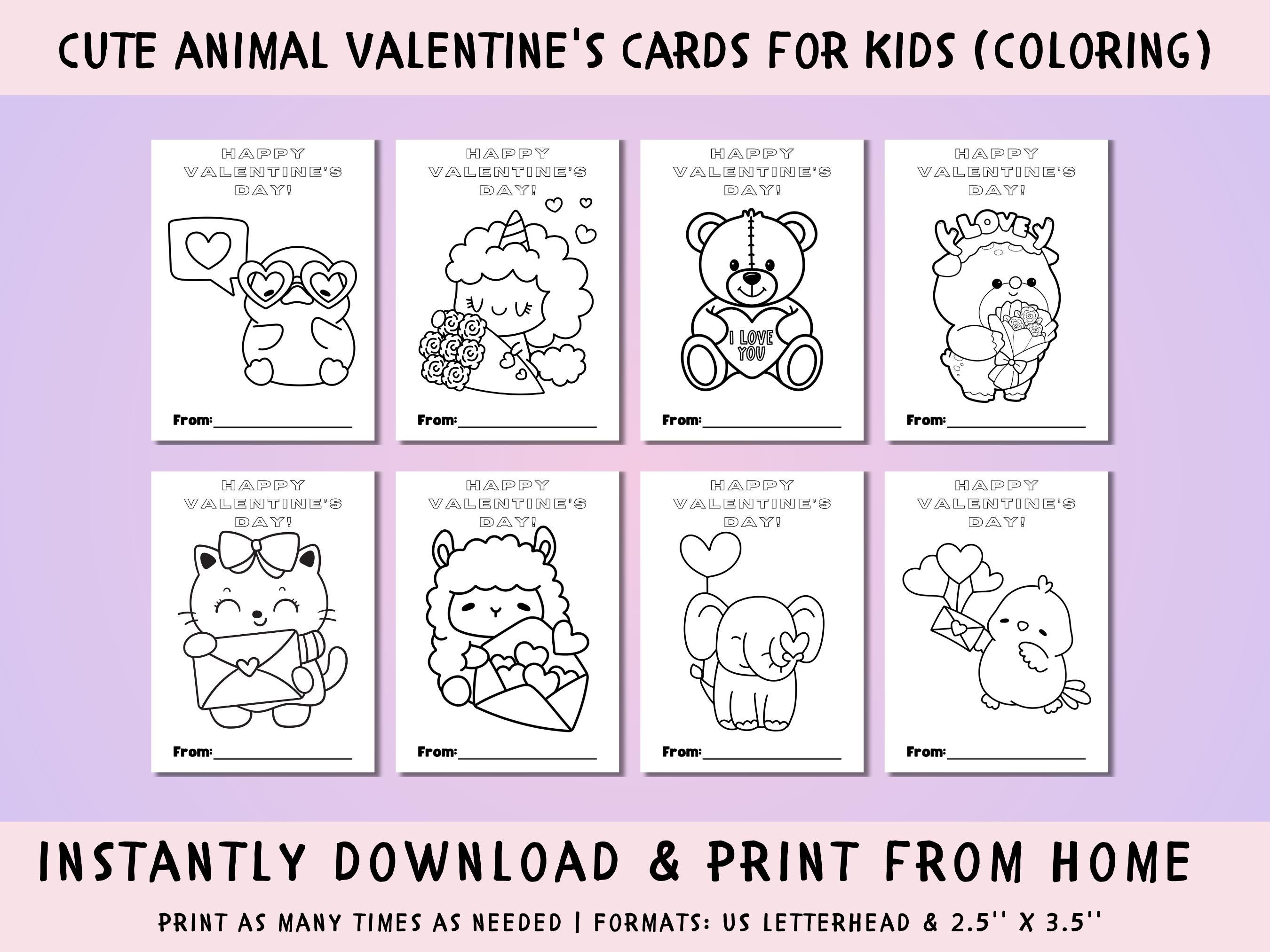 Cute Animal Coloring Cards – Printable Valentine’s Day Cards for Kids ...