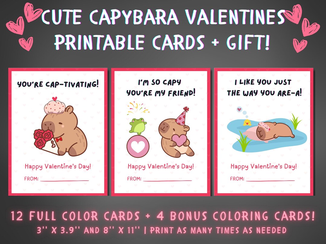 Capybara Valentine’s Day Cards for Kids | Printable Full-color and ...