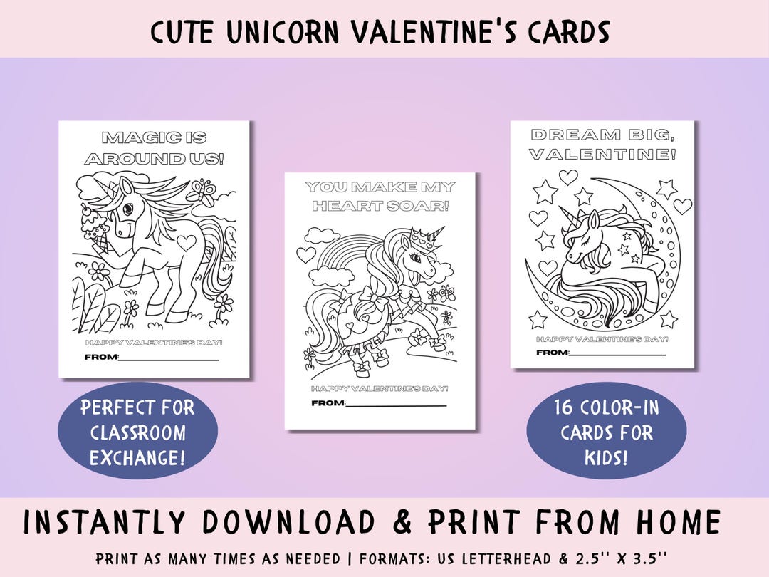 Printable Unicorn Valentines Day Coloring Cards Cute and Fun Cards for ...