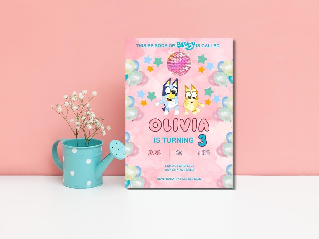 Bluey Birthday Invitation for Girls, Disco Ball Birthday Party Invite ...