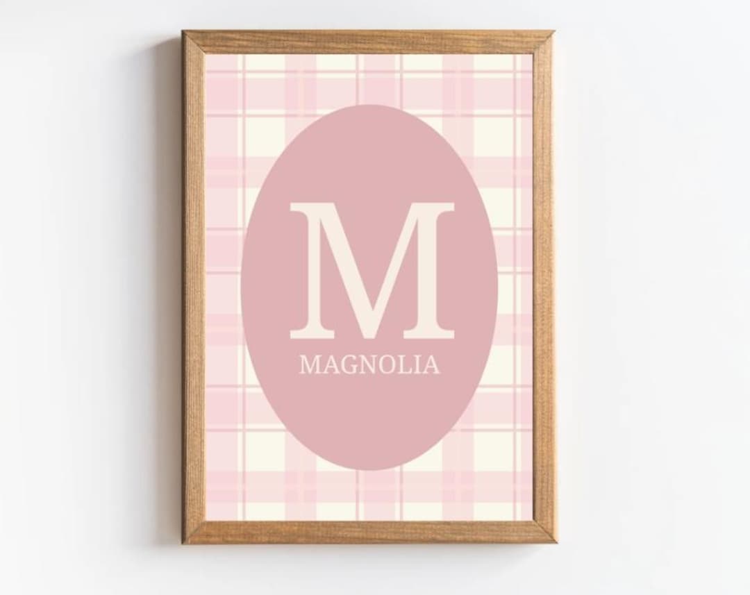 Pink Plaid Name Sign | Editable Monogram Nursery Wall Art | Canva ...