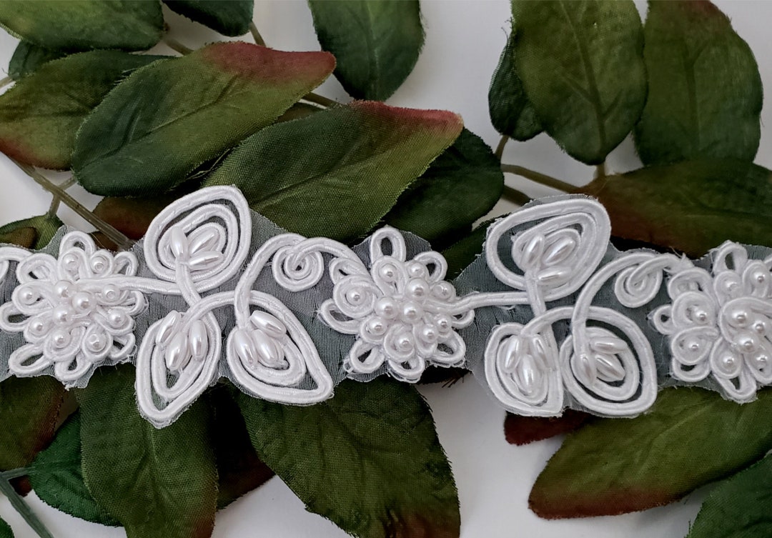 White Soutache Corded Pearl Floral Bridal Trim, Beaded, Floral, Leaves ...