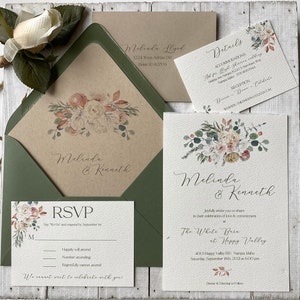 Modern Rustic Green Floral and Kraft Wedding Invitation Suite With ...