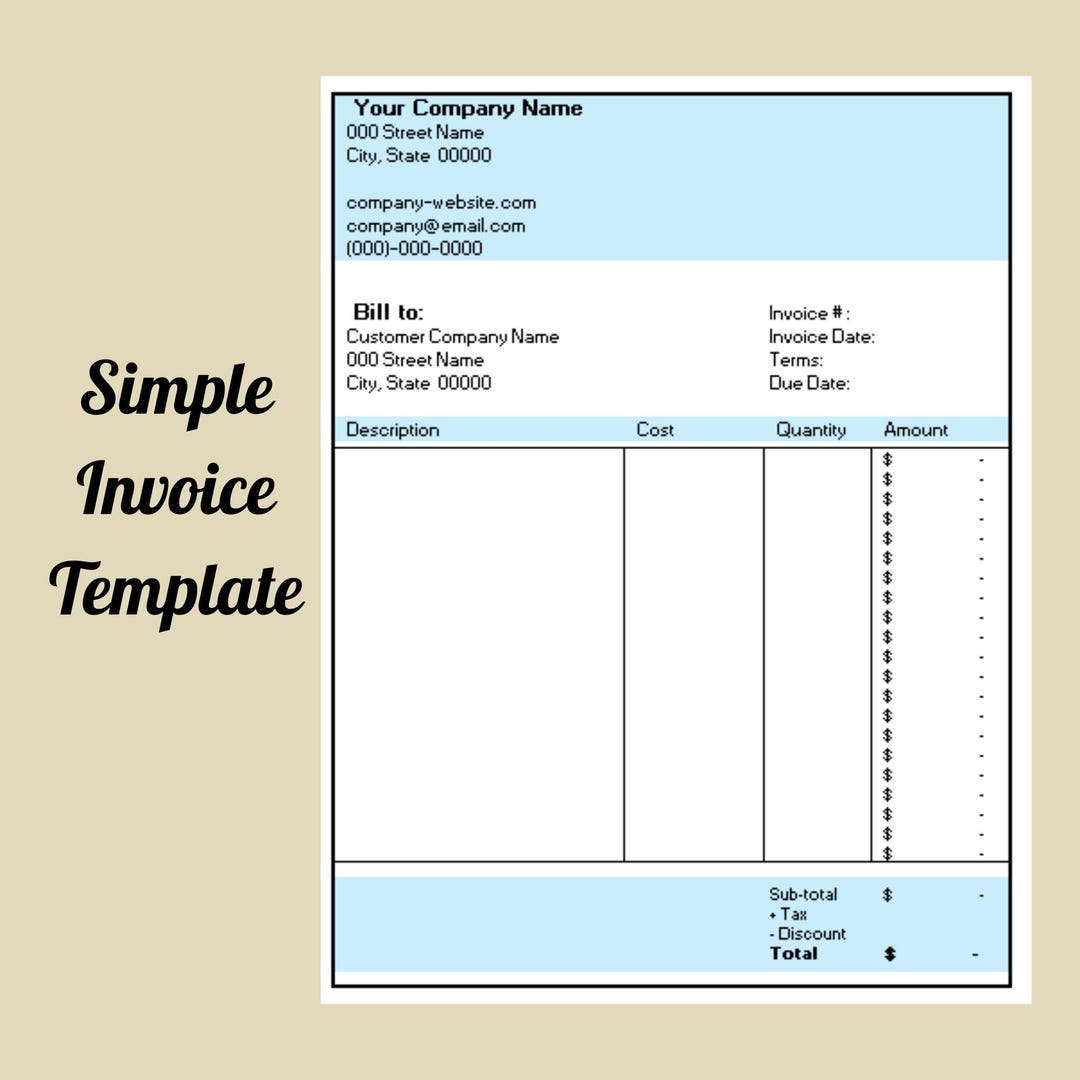 Simple Invoice Template (blue) - Etsy