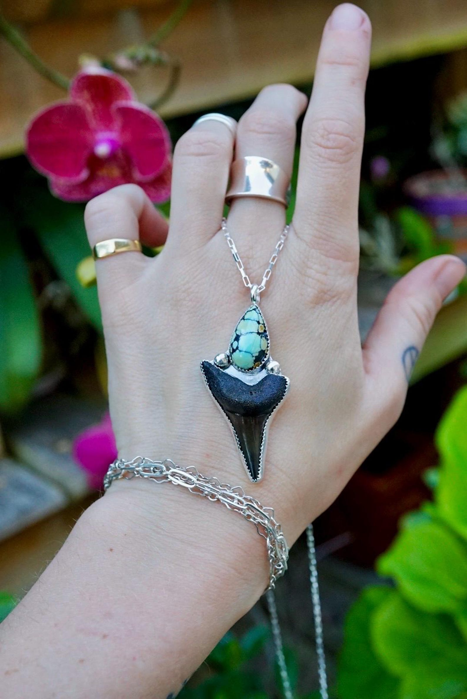 Megalodon Shark Tooth and Turquoise Sterling Silver Necklace 24” Chain ...