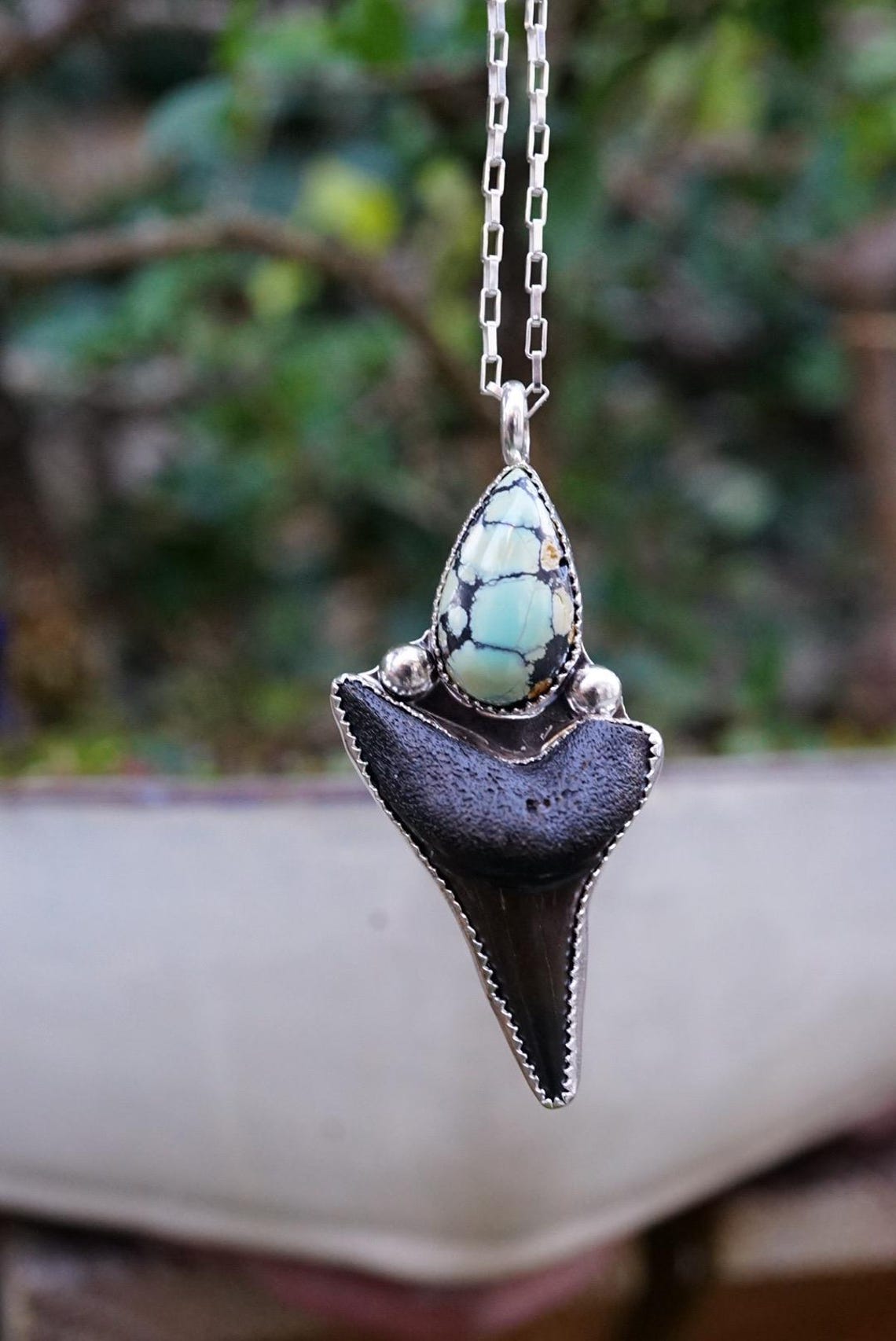 Megalodon Shark Tooth and Turquoise Sterling Silver Necklace 24” Chain ...