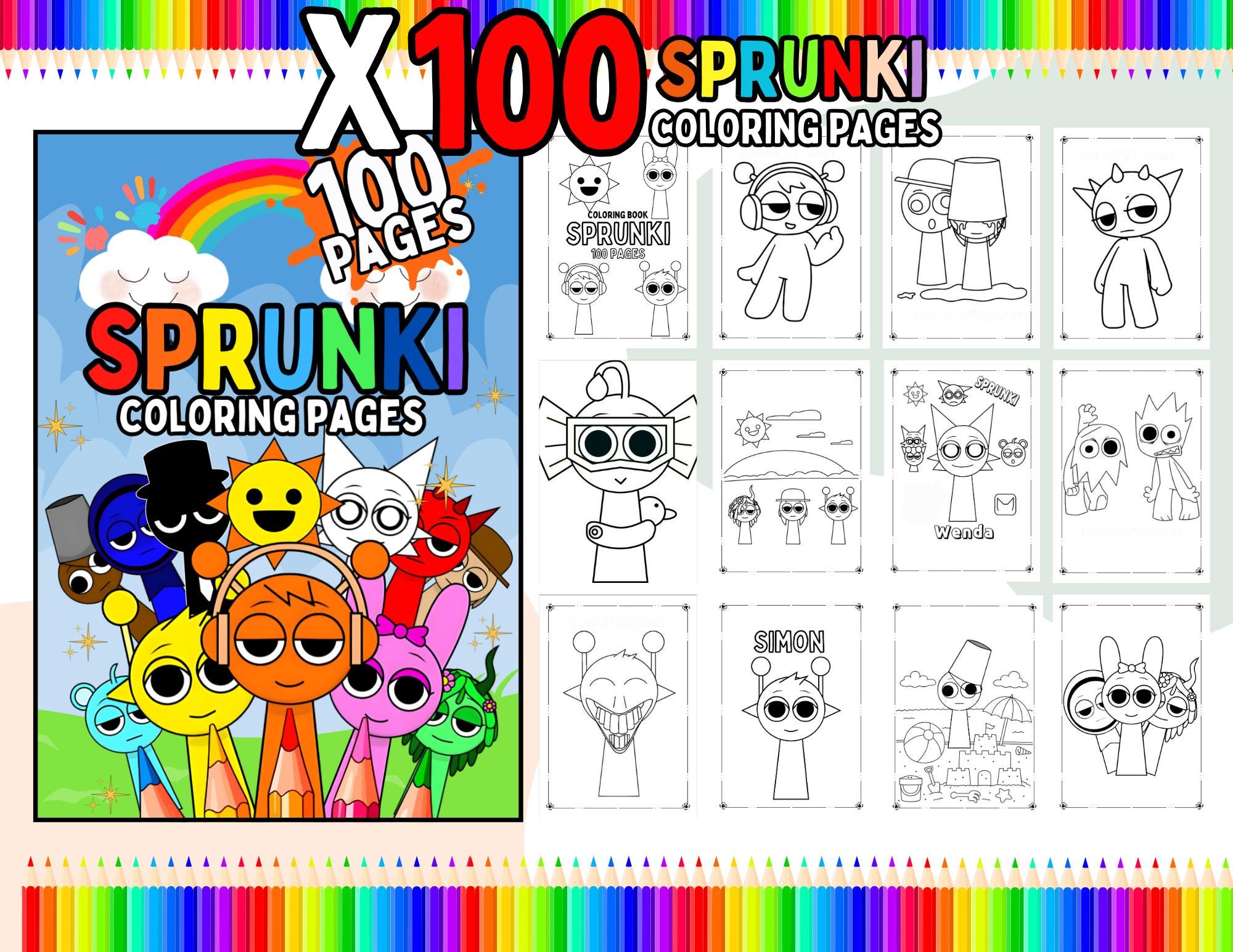 100 Sprunki Characters Printable Coloring Pages A4 Coloring Book Kids ...