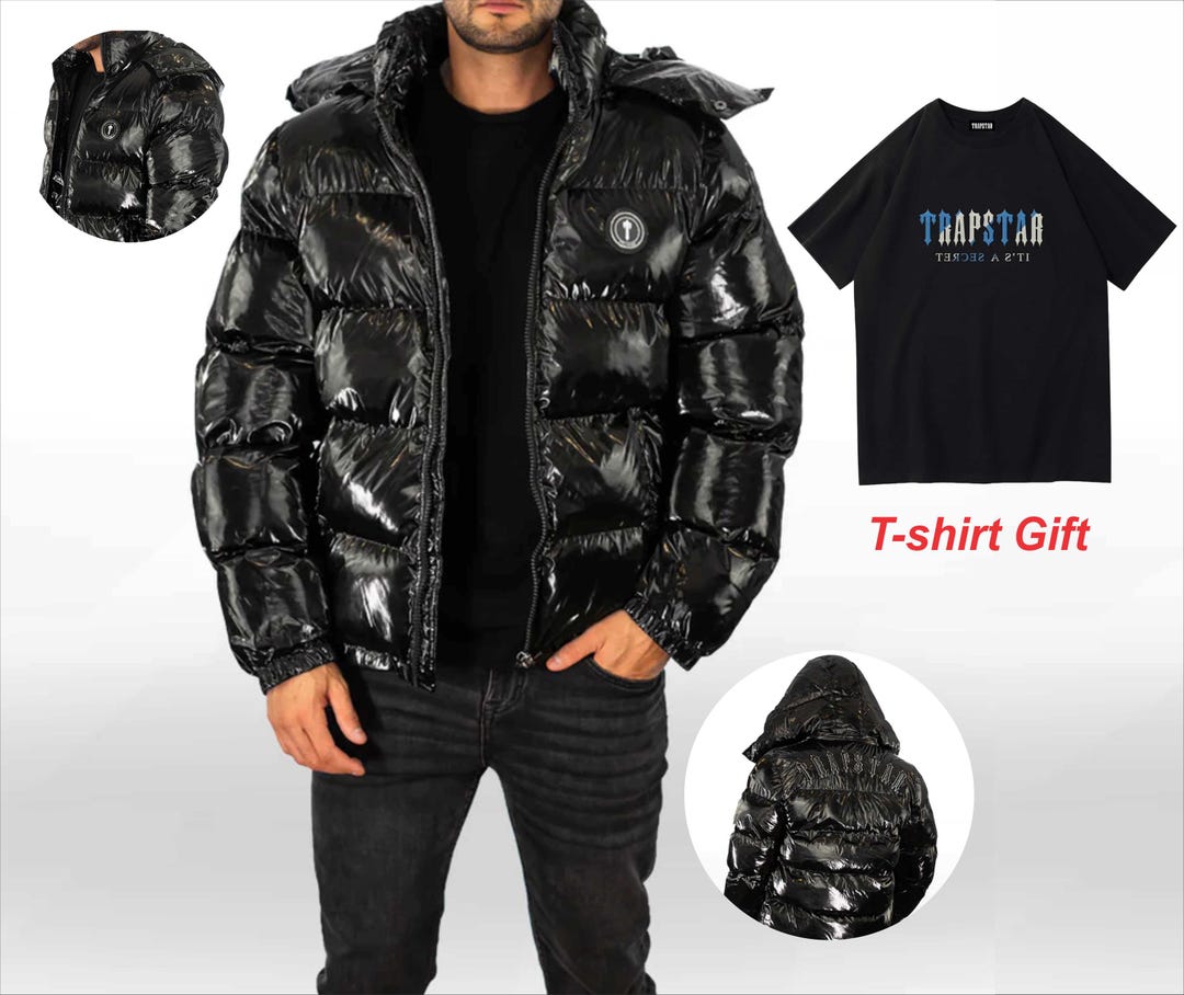 Trapstar Irongate Detachable Hooded Puffer Jacket Black Shine With T ...