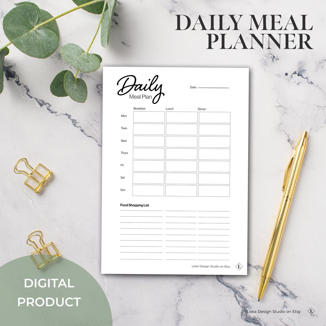 Daily Meal Planner. Printable 7-day Menu, and Food Shopping List. for ...