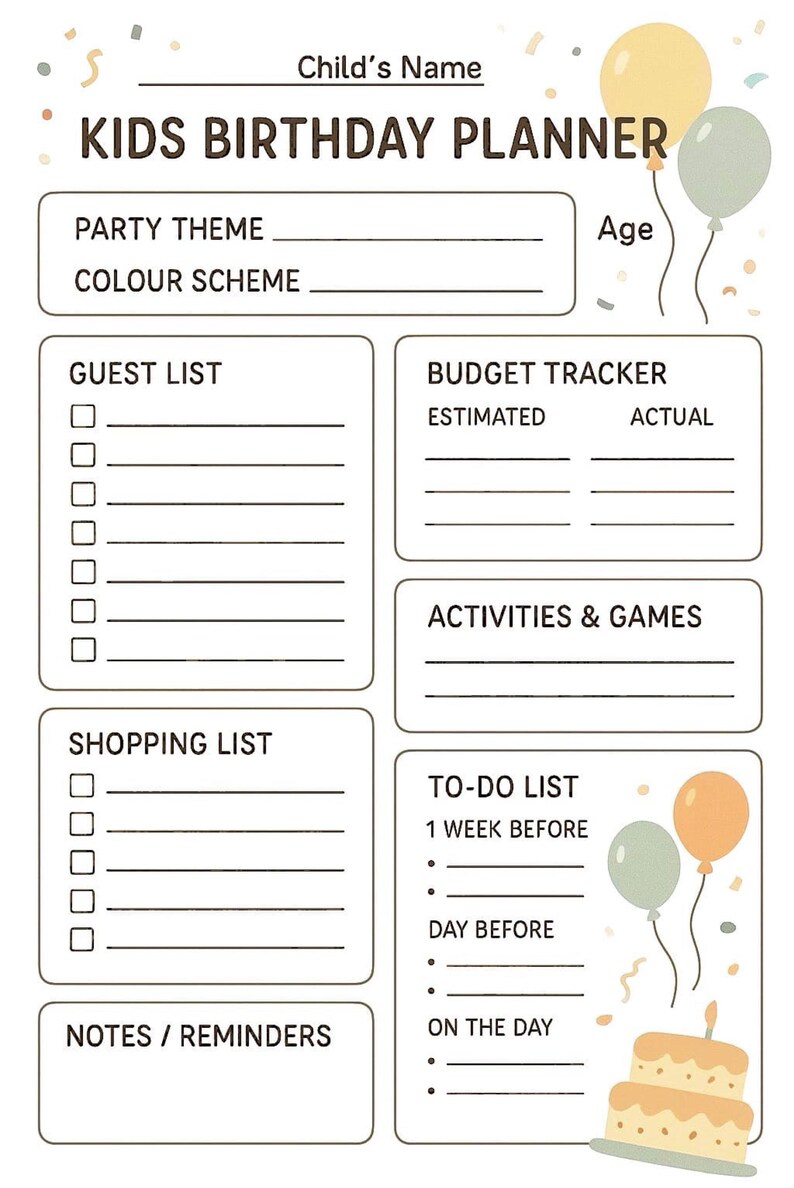 Kids Birthday Planner| Birthday Planning | Easy Download| Digital ...
