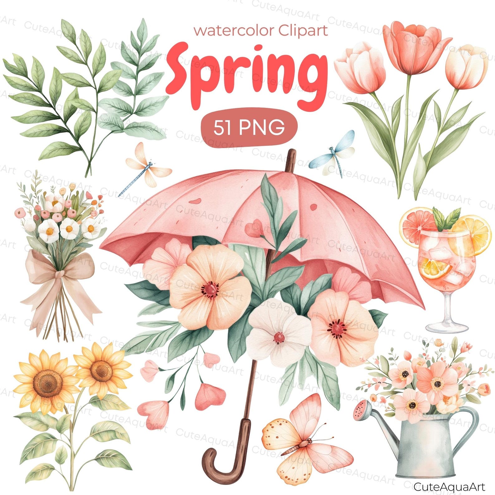 Watercolor Spring Clipart Bundle, Botanical Art, Floral Clipart ...