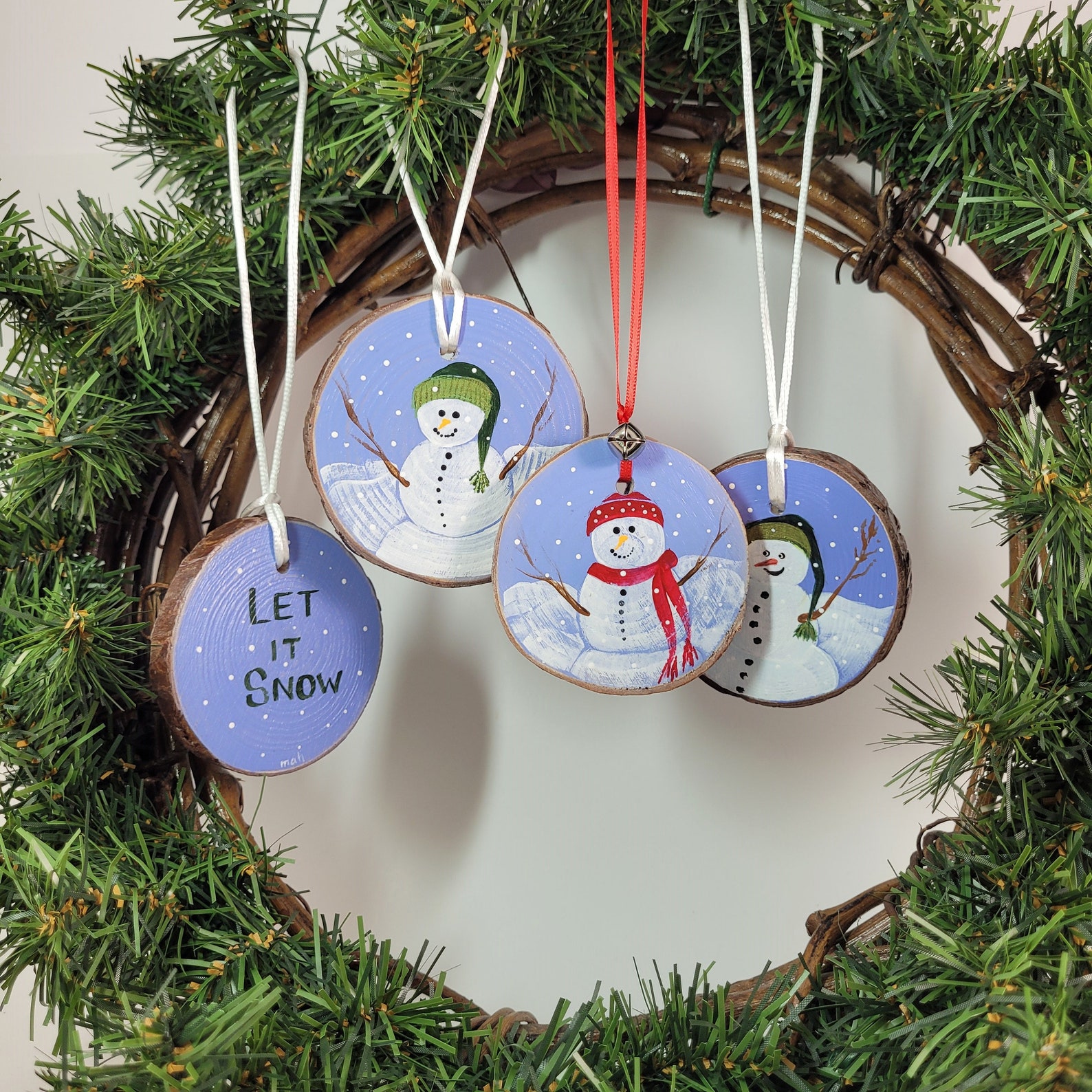 Snowman Rustic Hand-painted Xmas Ornament on Wooden Disc - Etsy