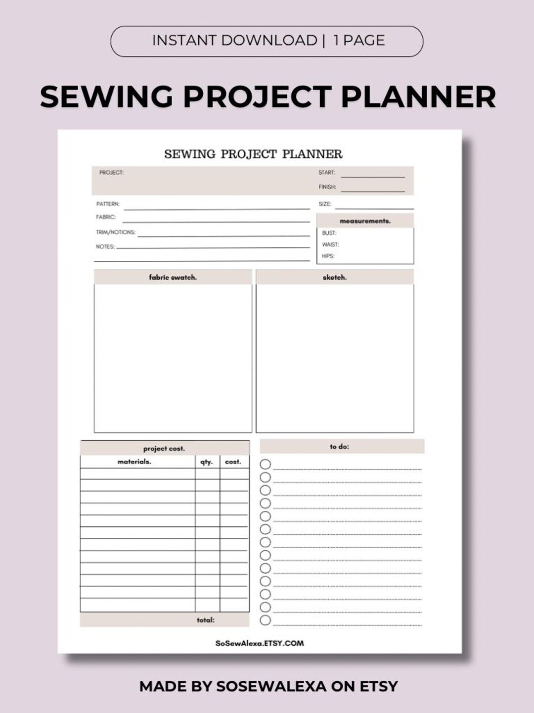 Sewing Project Planner | One-page Printable | Digital Download (US ...