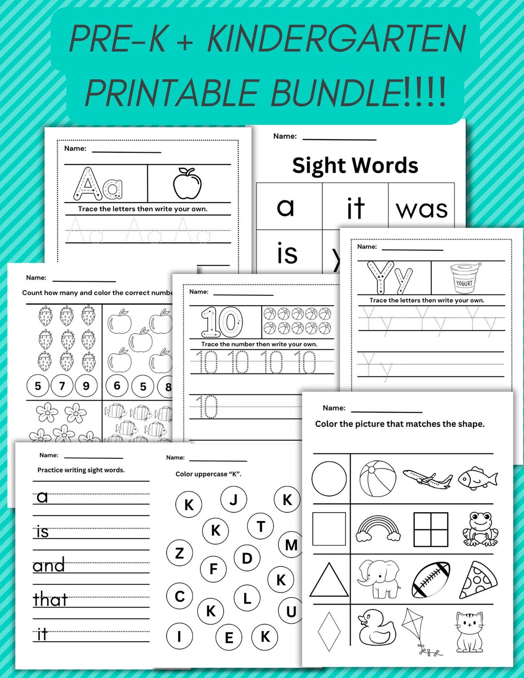 Pre-k + Kindergarten Printable Bundle - Alphabets, Numbers, Counting ...