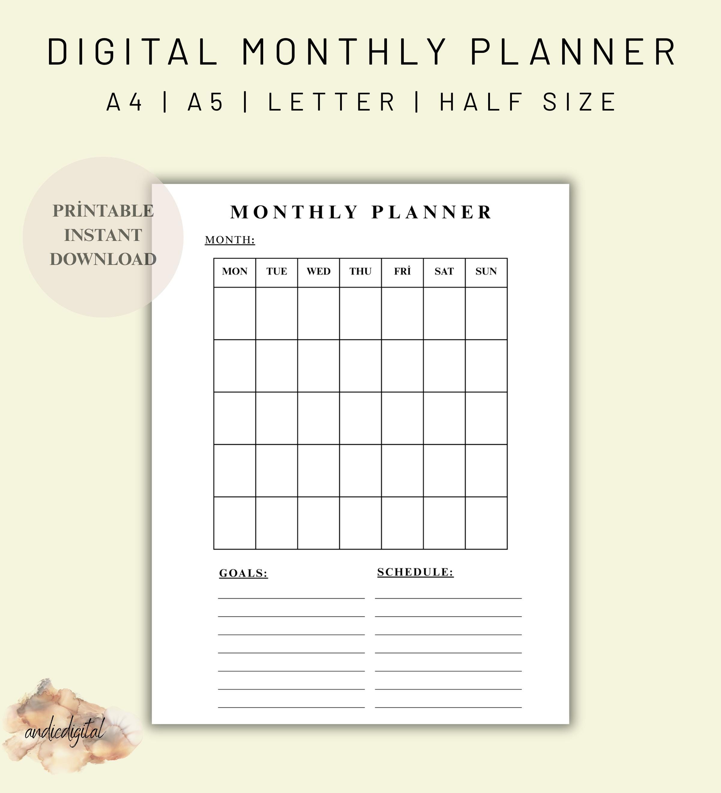 Printable Monthly Planner, Monthly Planner, , Printable & Fillable, A4 ...