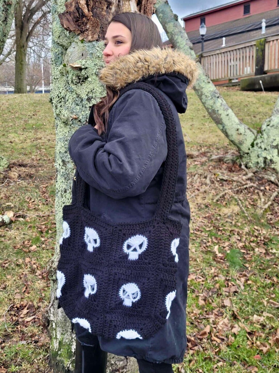 Skull Granny Square Goth Tote Bag Black and White Multicolored Purse ...