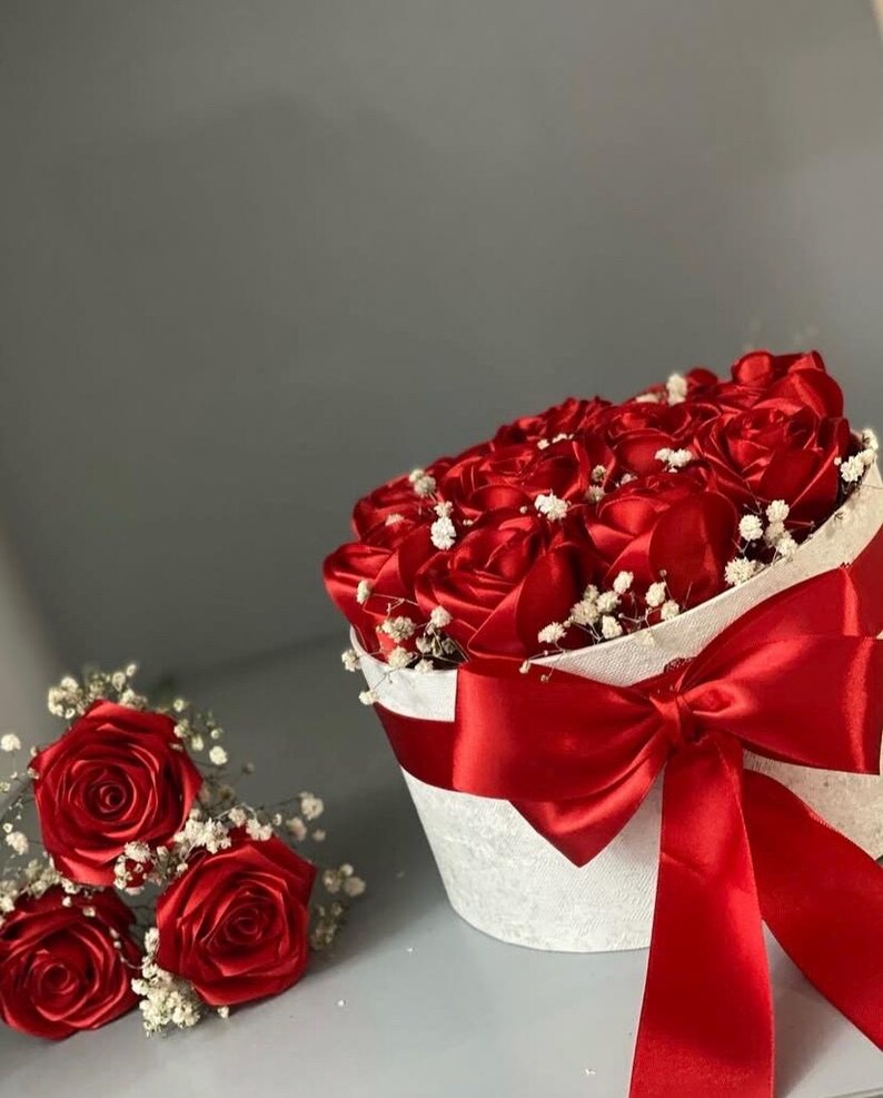 Elegant Red Satin Rose Bouquet in Decorative Box - Etsy