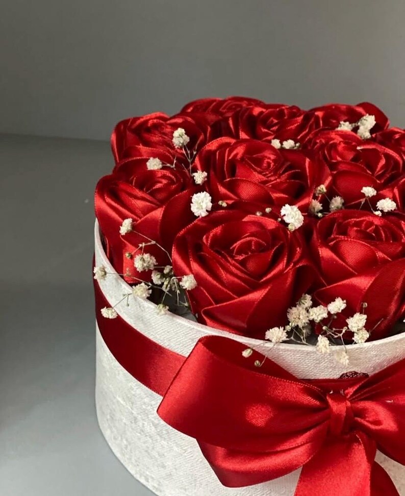 Elegant Red Satin Rose Bouquet in Decorative Box - Etsy
