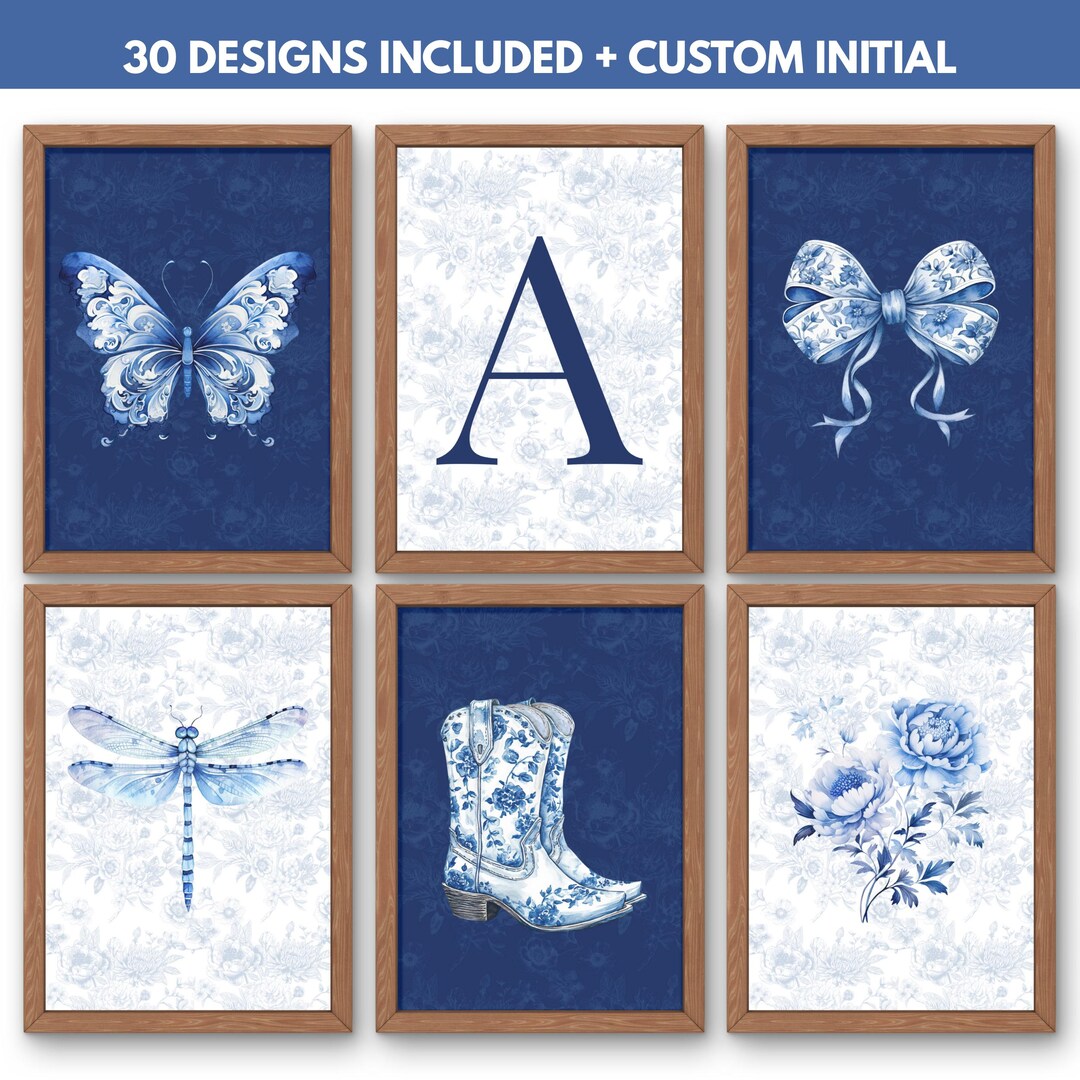 Chinoiserie Wall Art Blue Toile Digital Bundle | 30 Elegant Floral ...