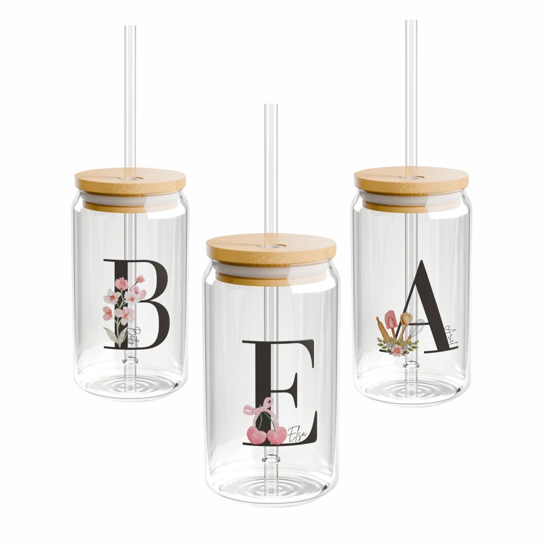 Personalized Monogram Glass Sipper Cup – Aesthetic Iced Coffee Cup With ...