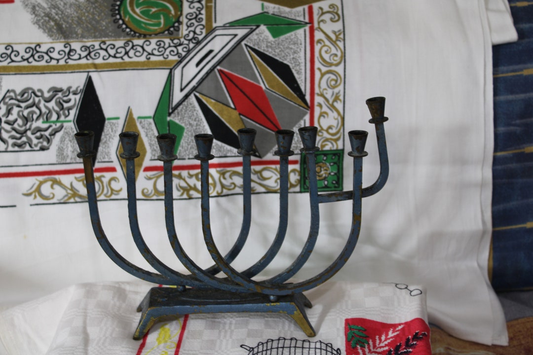 Antique Judaica Israel Hebrew Painted Enameled Rare Hanukkah Menorah ...