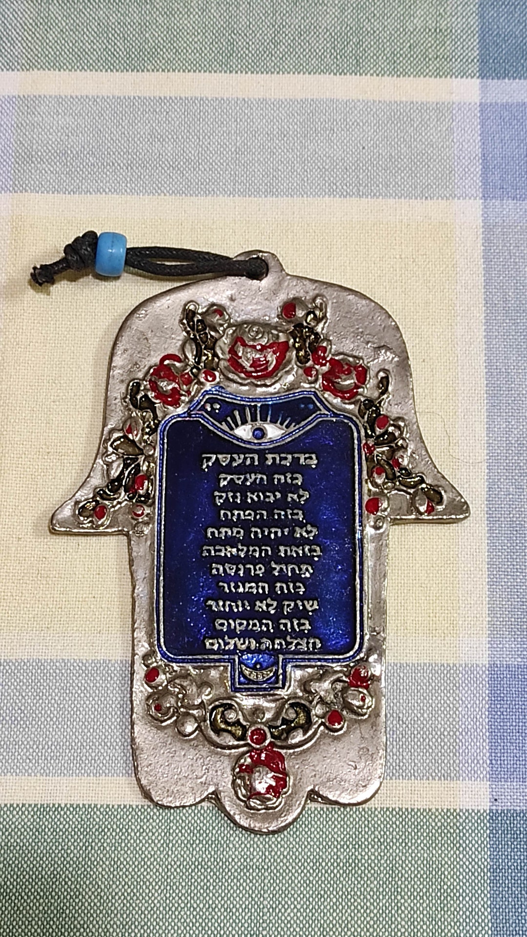 Vintage Blessing Judaica Hamsa Hanging Wall Amulet Blue Enameled Roses ...
