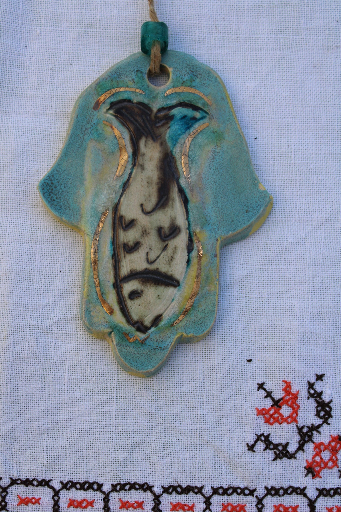 Vintage Ceramic Israel Judaica Art Hamsa Handmade Painted Fish Amulet ...