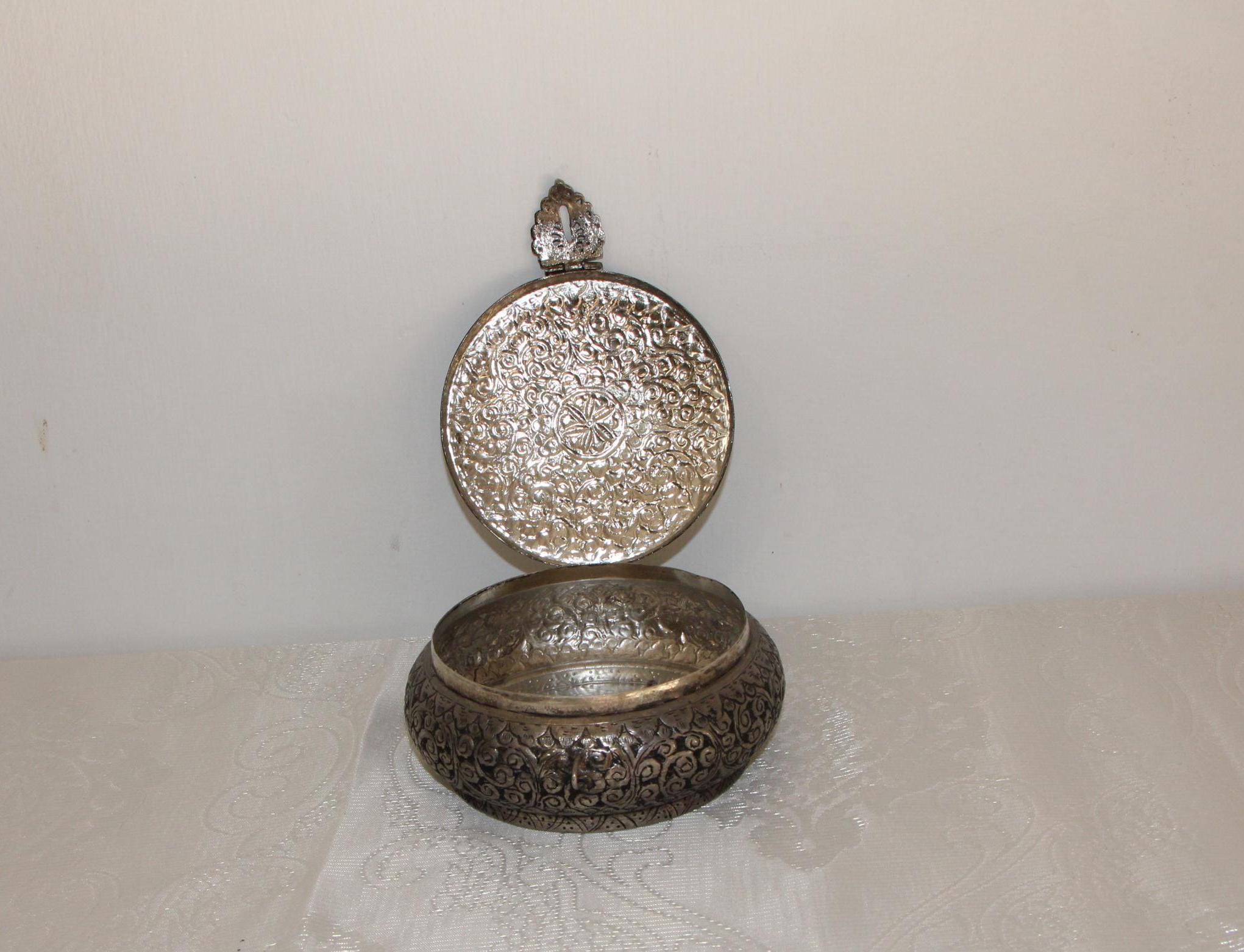 Antique Persian Iraq Middle East Box Silver Plated White Metal Pot ...