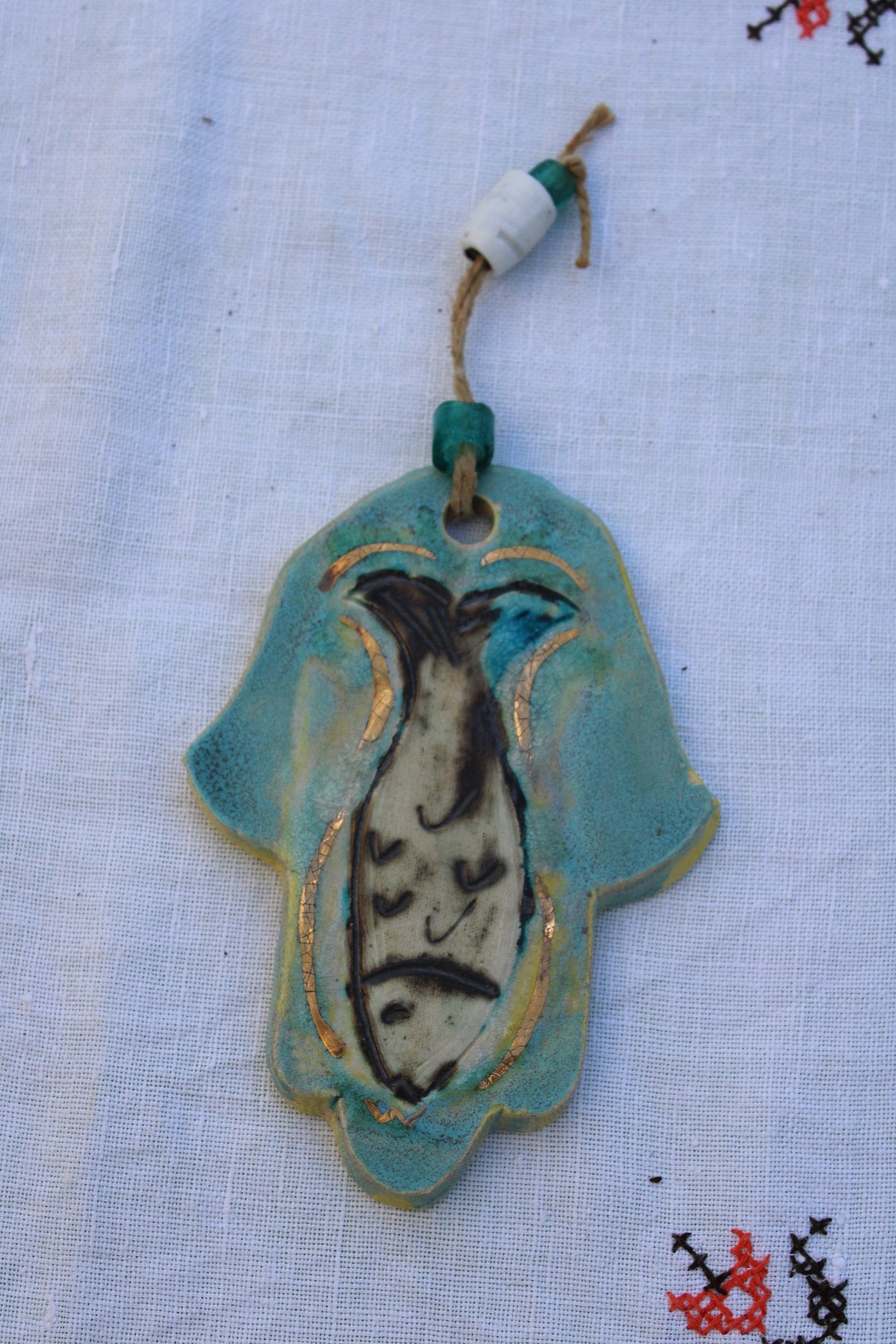 Vintage Ceramic Israel Judaica Art Hamsa Handmade Painted Fish Amulet ...