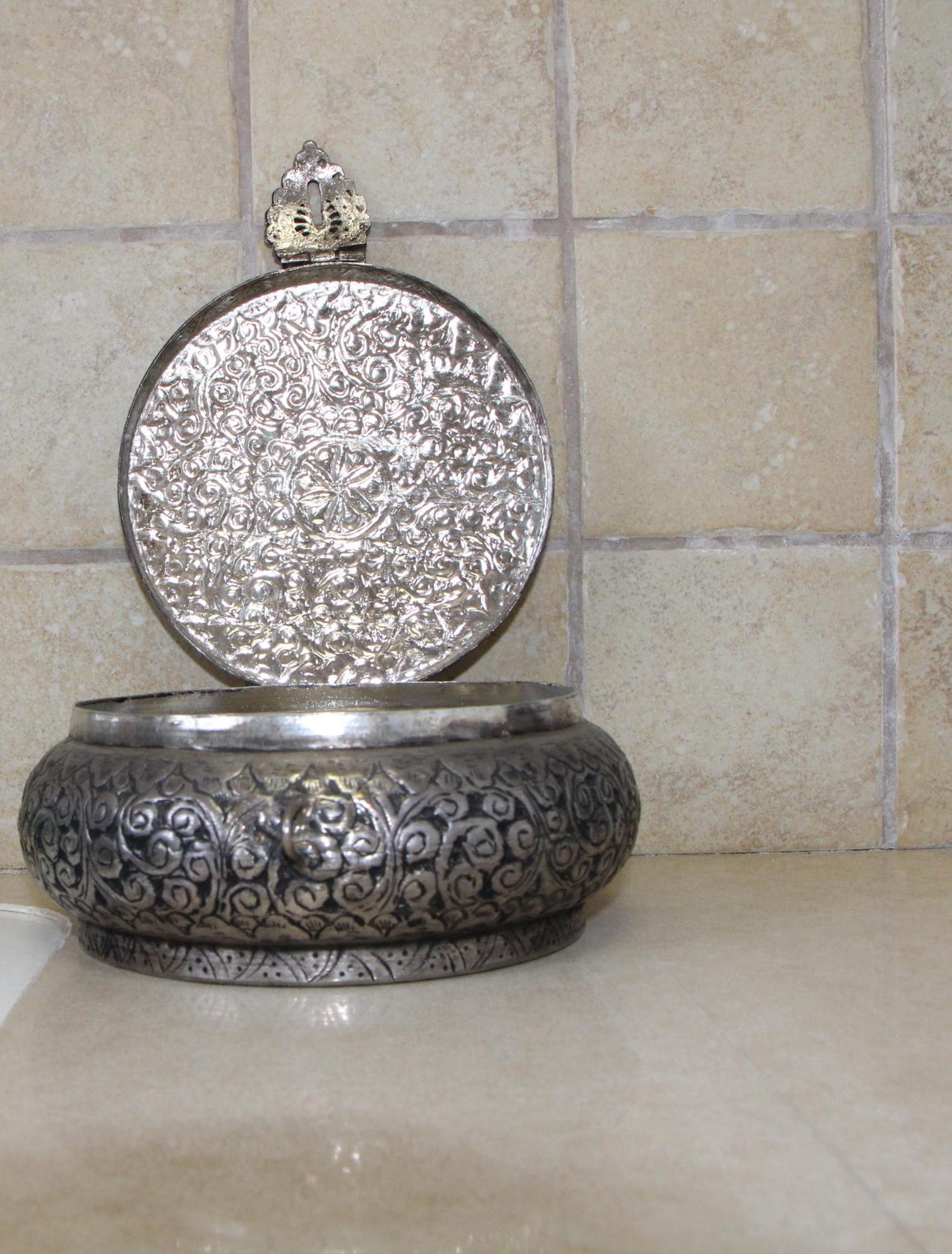 Antique Persian Iraq Middle East Box Silver Plated White Metal Pot ...