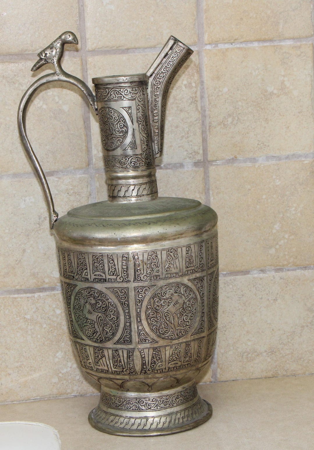 Antique Persian Iraq Middle East Jug Pitcher Silver Plated White Metal ...