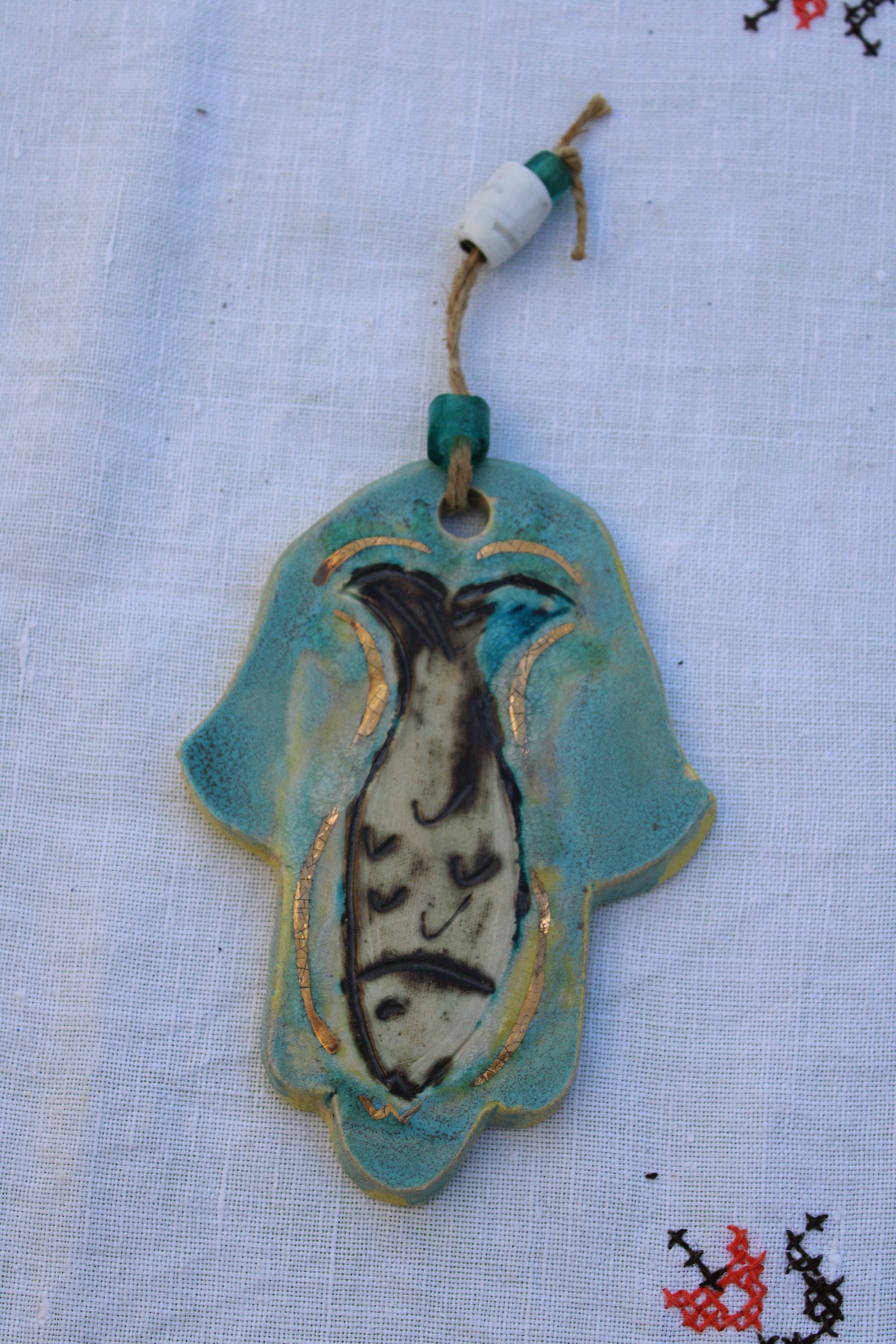 Vintage Ceramic Israel Judaica Art Hamsa Handmade Painted Fish Amulet ...