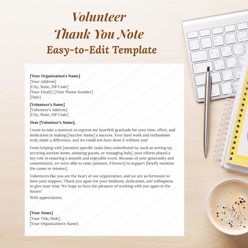 Volunteer Thank You Letter Template: Editable Appreciation Note ...