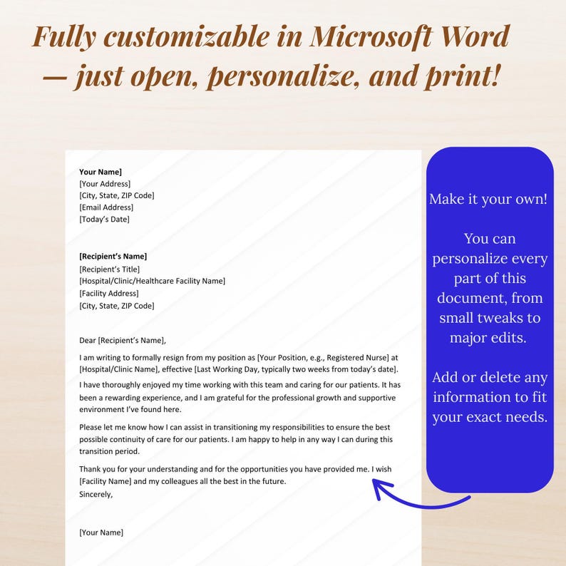 Nurse Resignation Letter – Editable Word Template, Instant Download ...